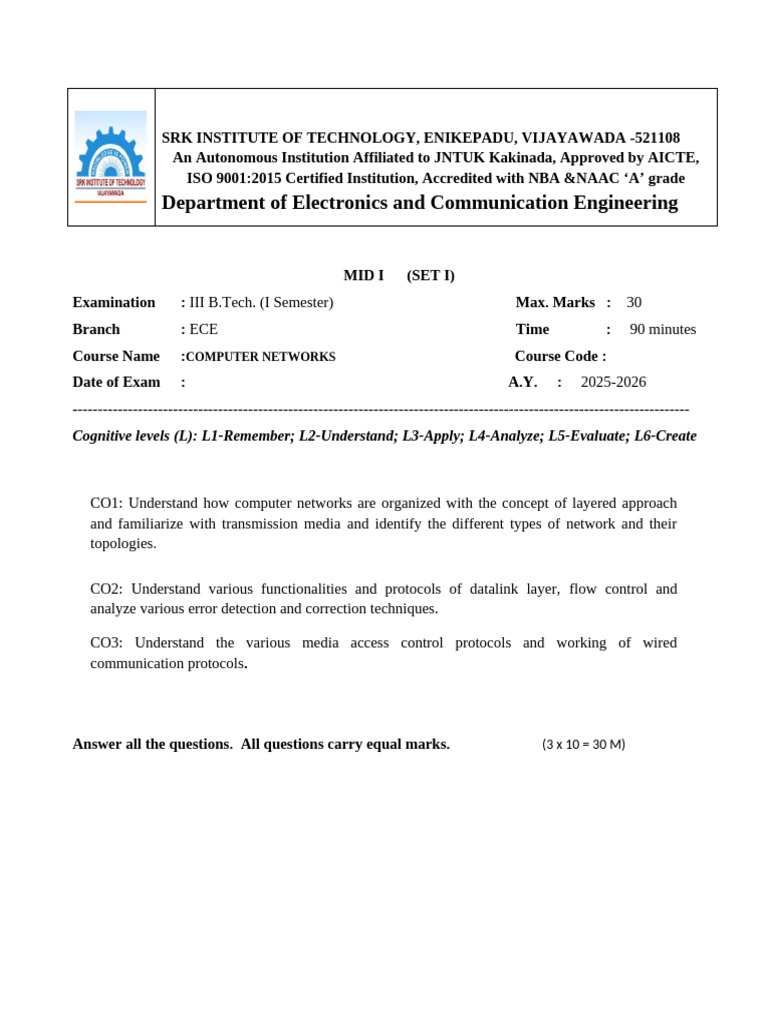 Cn Mid-1 Question Pap(Minor Course) (2) | PDF | Computer Network ...