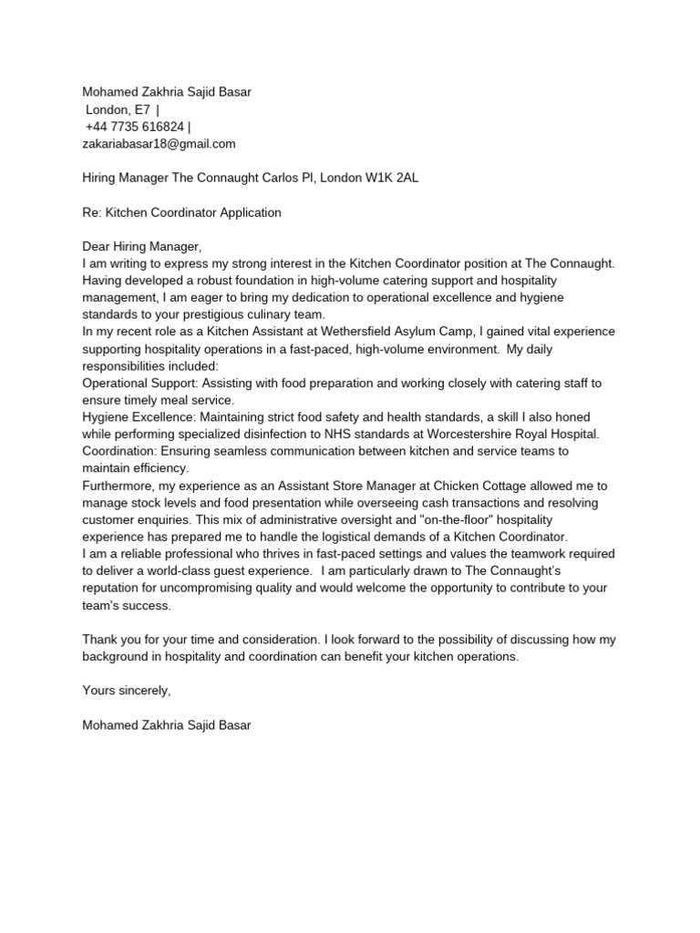 Kitchen Coordinator Application Letter | PDF