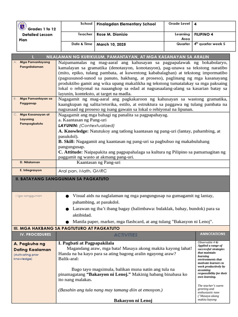 FILIPINO 4 QUARTER 4 kaantasan ng pang-uri | PDF
