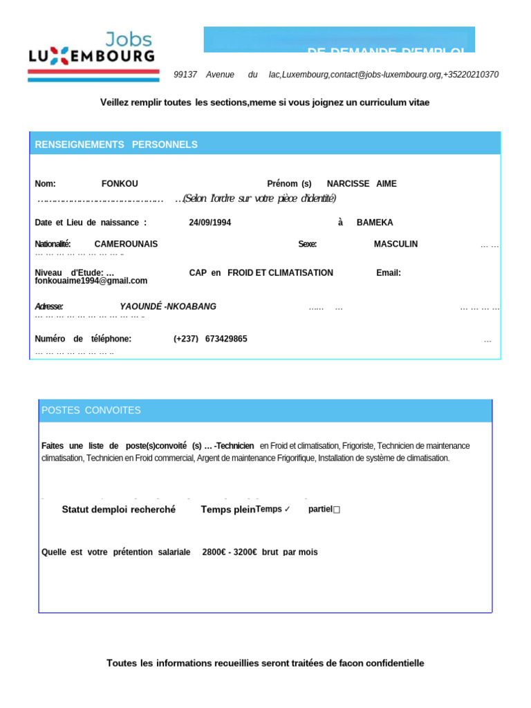 Formulaire de demande d'emploi Fonkou | PDF