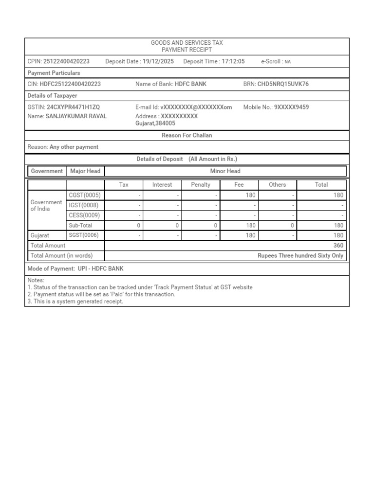 GST Payment Receipt - Sanjaykumar Raval | PDF