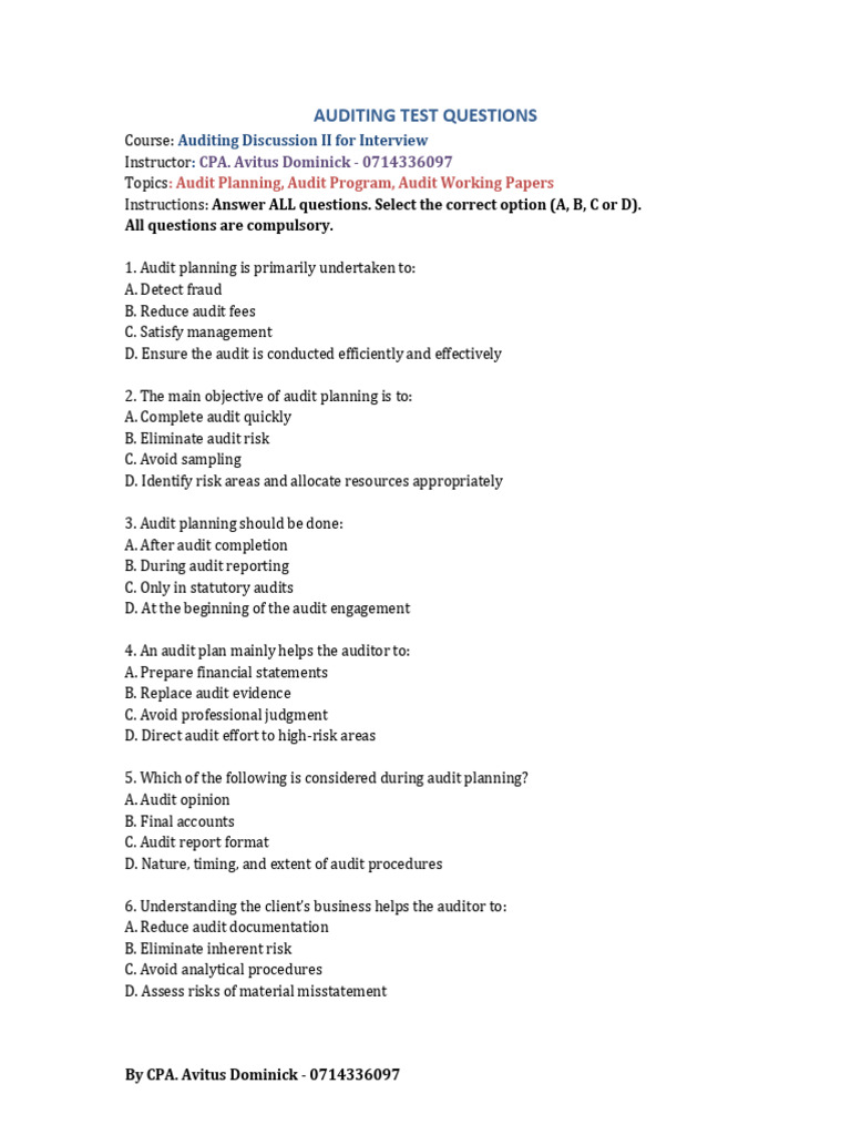 Auditing Test Questions for Interview Prep | PDF | Audit | Financial Audit
