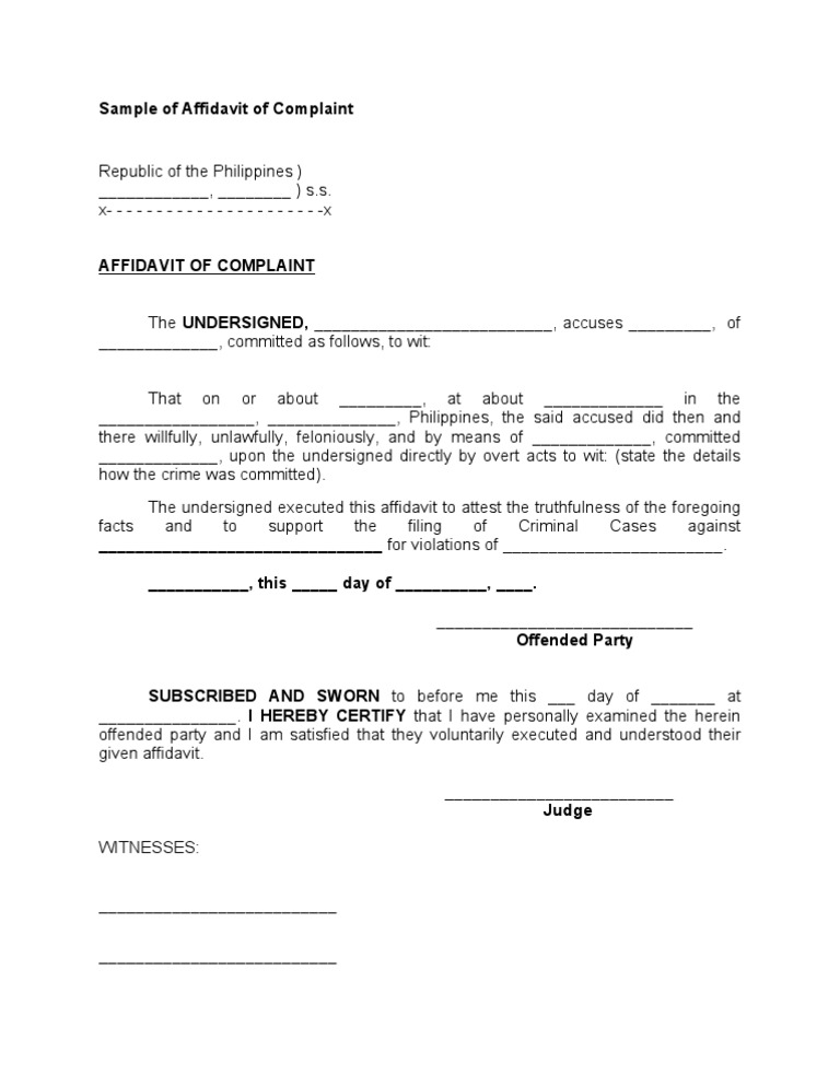 Sample of Affidavit of Complaint