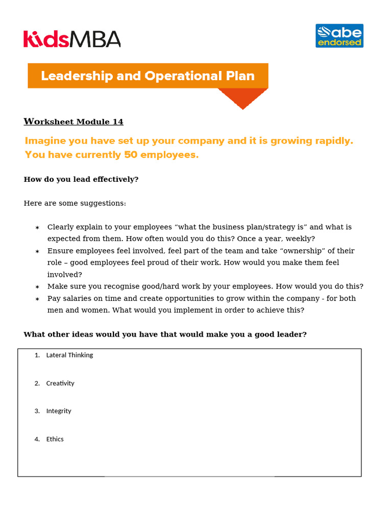 Worksheet Module 14 12S - Leadership and Operational Plan v2 | PDF ...