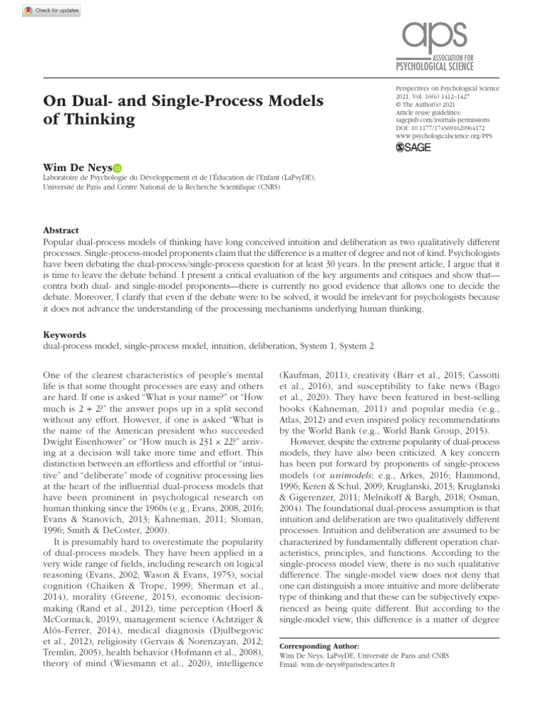 De Neys_2021_On Dual- And Single-Process Models of Thinking | PDF ...