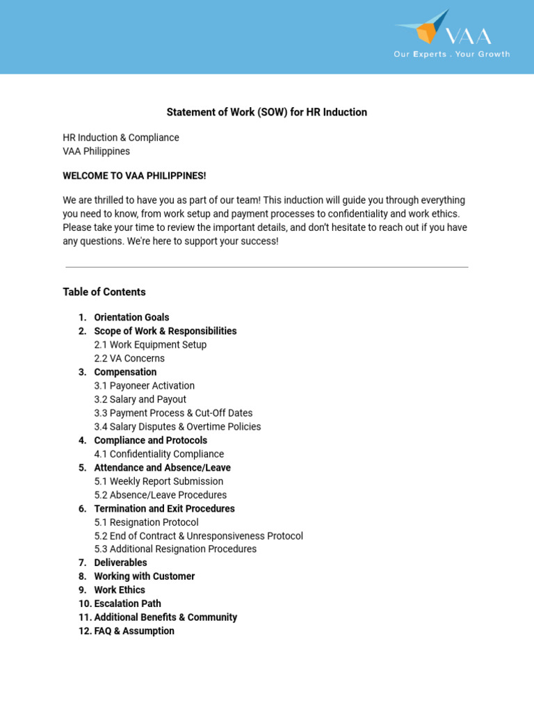 HR Induction Guide for VAA Philippines | PDF | Non Disclosure Agreement ...