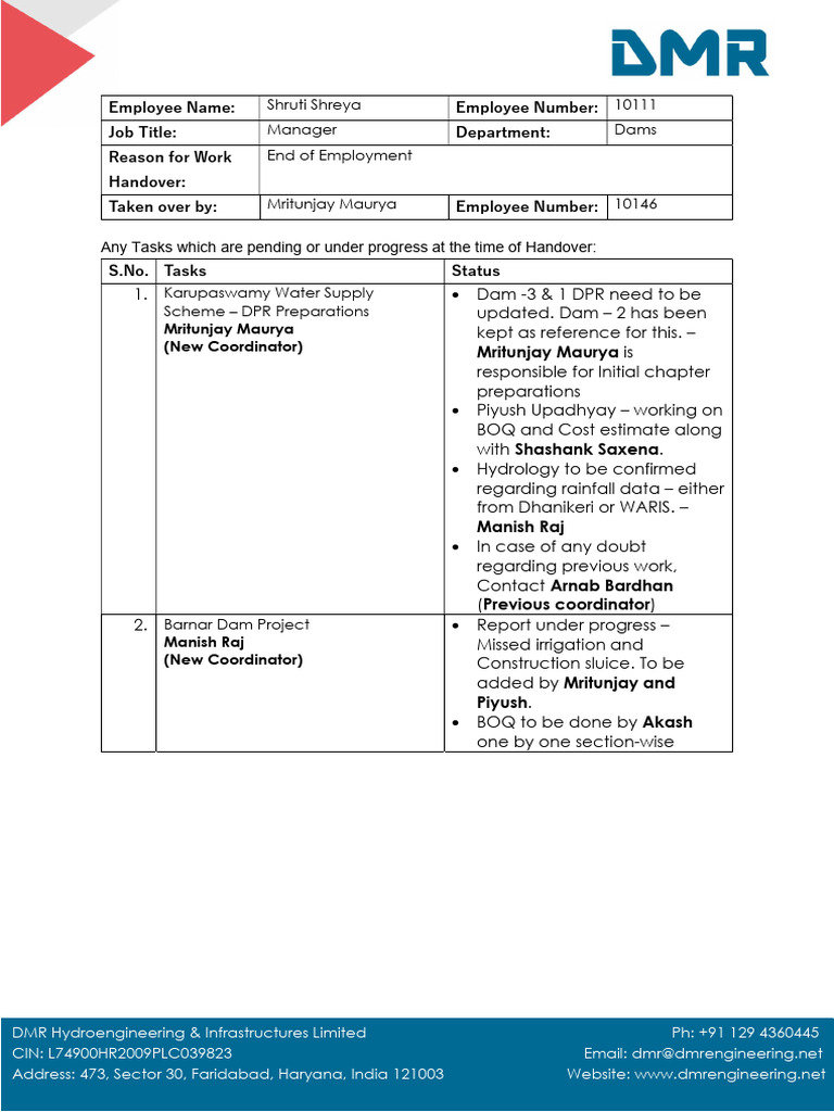 Employee Handover Report: DMR Hydroengineering | PDF | Fresh Water ...