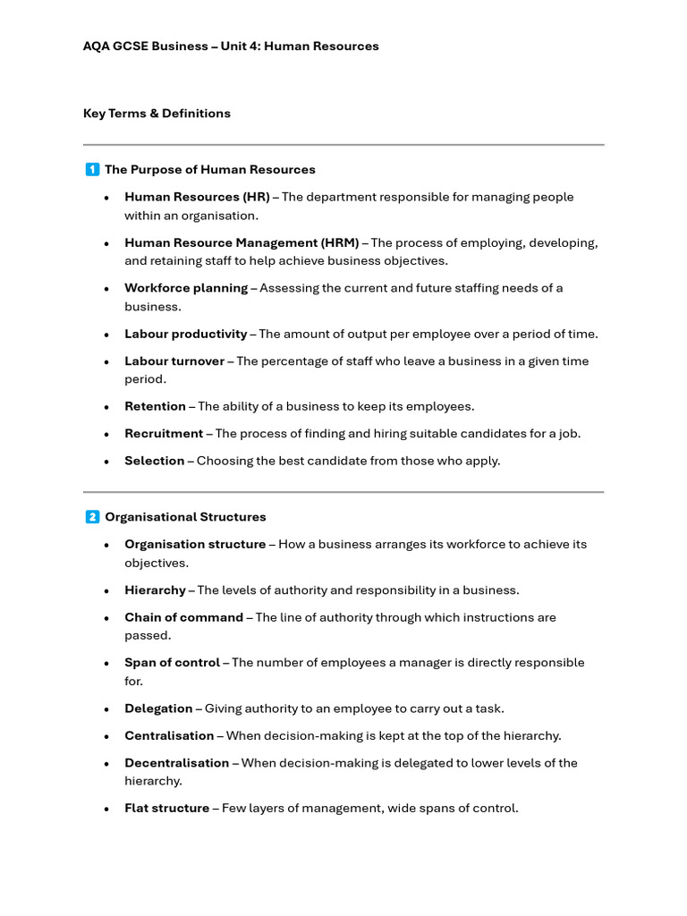 AQA GCSE Business: Human Resources Guide | PDF | Employment | Human ...