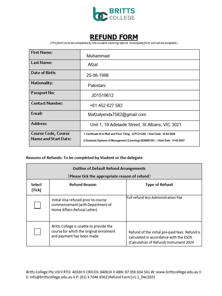 Britts College Refund Form Guide | PDF