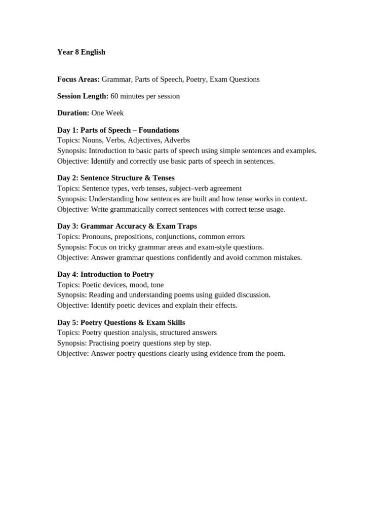Year 8 English Grammar & Poetry Guide | PDF