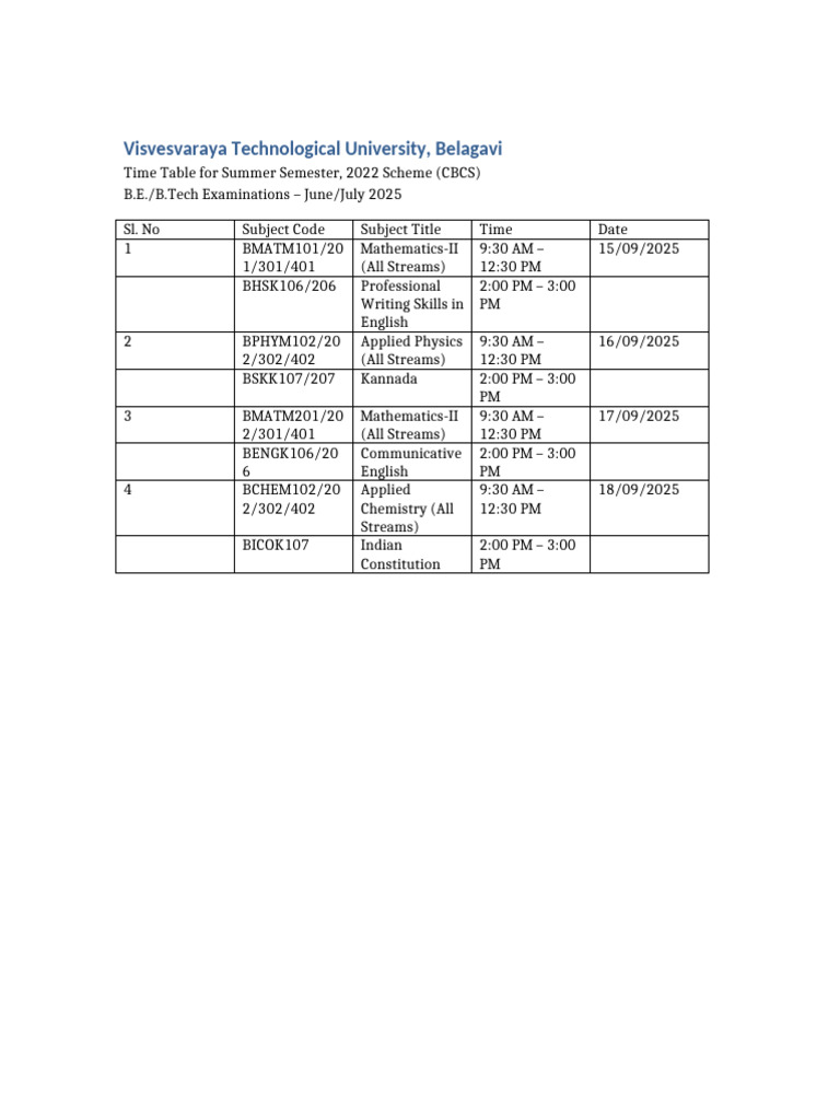 VTU Time Table Box Format | PDF