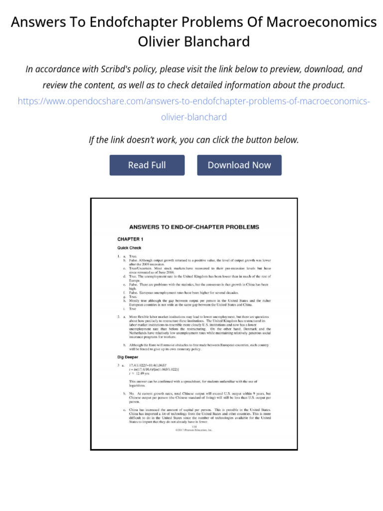 Answers To Endofchapter Problems Of Macroeconomics Olivier Blanchard ...