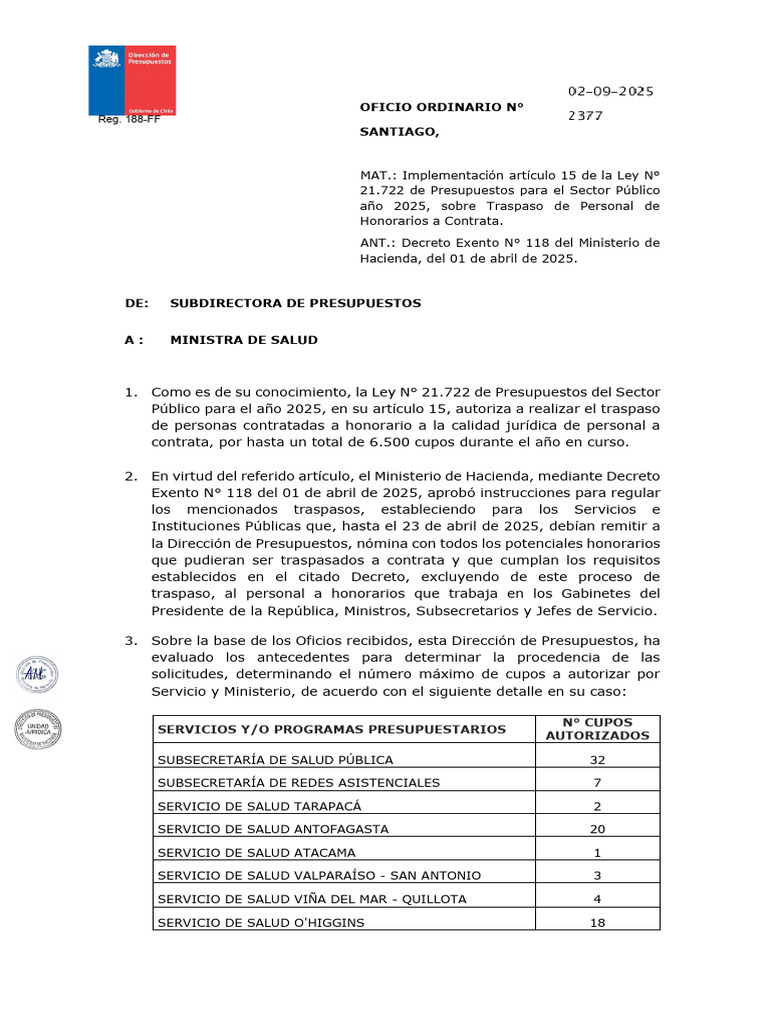 Ord 2377 Cupos Traspaso Hsa 2025 Minsal | PDF | Gobierno