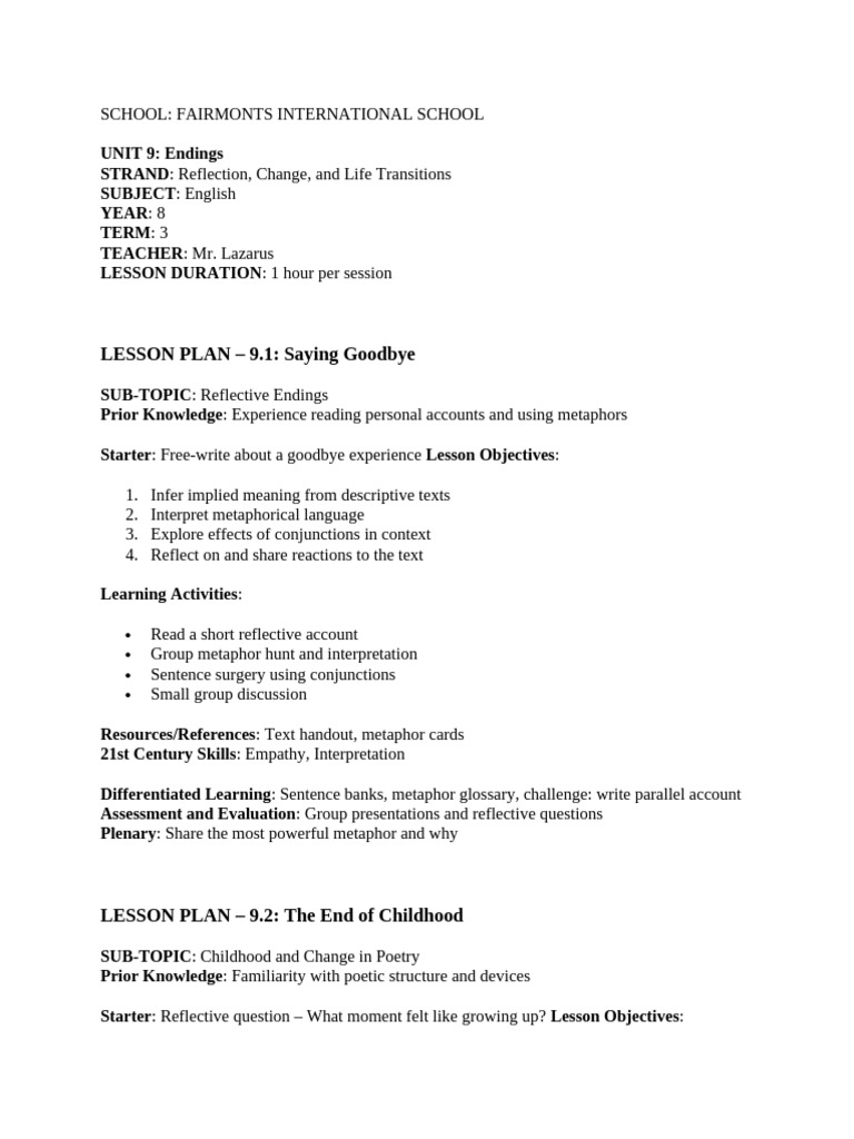 UNIT 9 YEAR 8 | PDF | Lesson Plan | Poetry