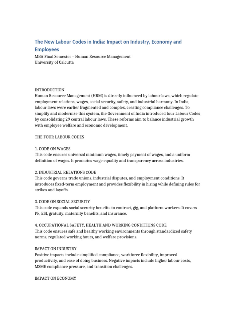 Impact of India's New Labour Codes | PDF | Employment | Labour Law