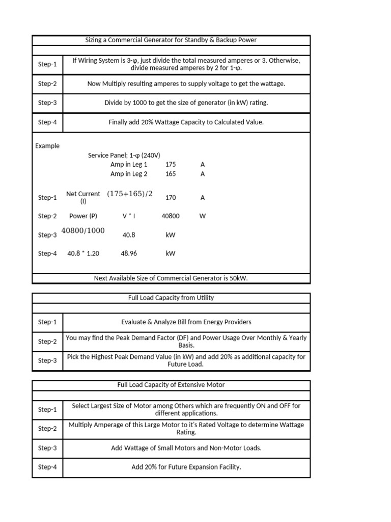 Commercial Generator Sizing Guide | PDF