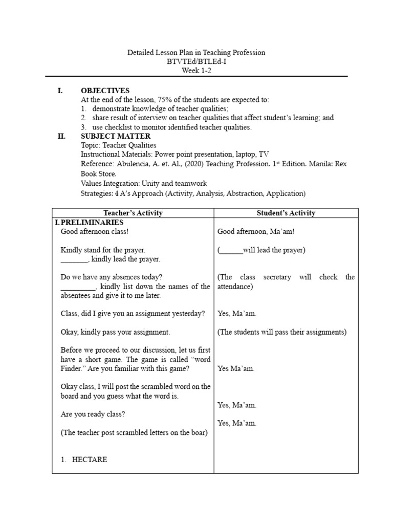 Effective Teacher Qualities Lesson Plan | PDF | Teachers | Lesson Plan