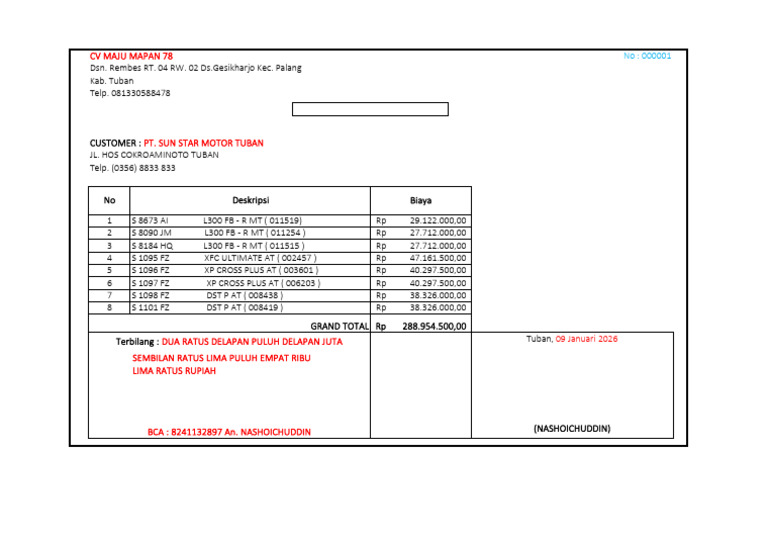 Invoice for PT. Sun Star Motor Tuban | PDF