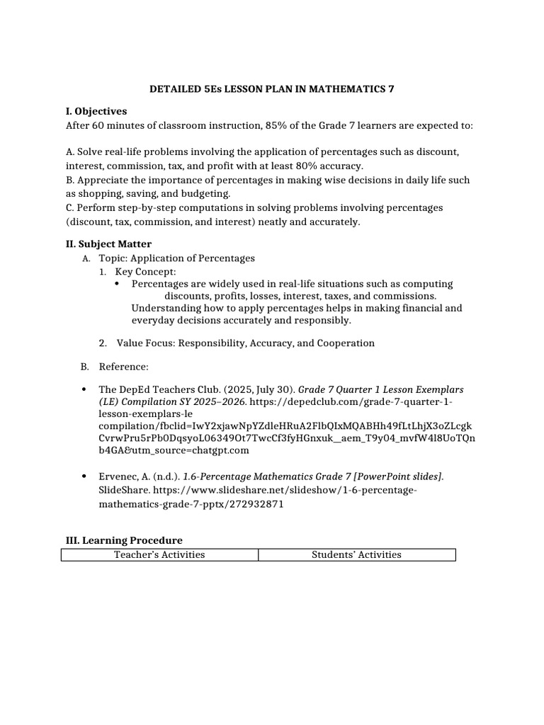 Grade 7 Percentages Lesson Plan | PDF | Interest | Discounts And Allowances