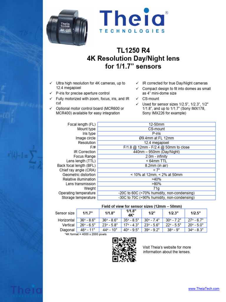 THEIA TL1250P R4 Lens Specification 220510 | PDF | Camera Lens | Zoom Lens