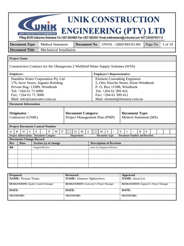Mechanical Installation Method Statement | PDF | Pump | Pipe (Fluid ...