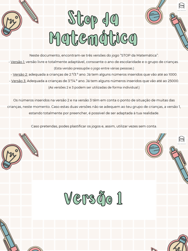 Jogo STOP da Matemática: Versões e Regras | PDF | Números | Matemática