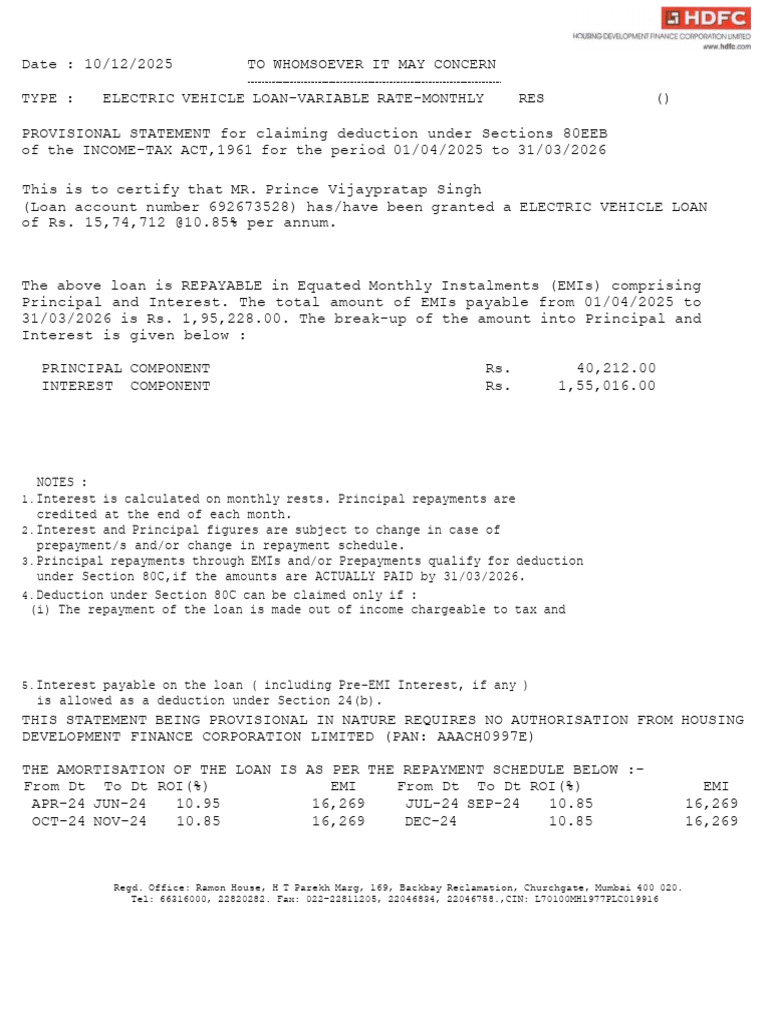 Electric Vehicle Loan Deduction Statement | PDF