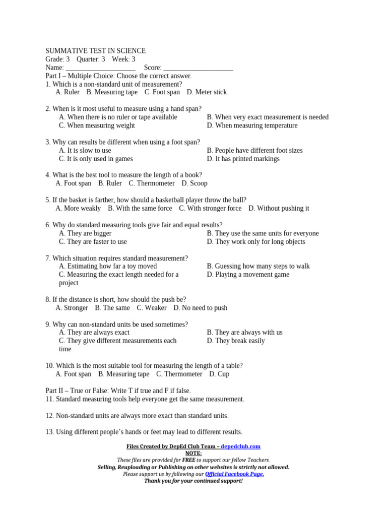 Summ_test Science 3 q3 w3_formatted | PDF | Measurement