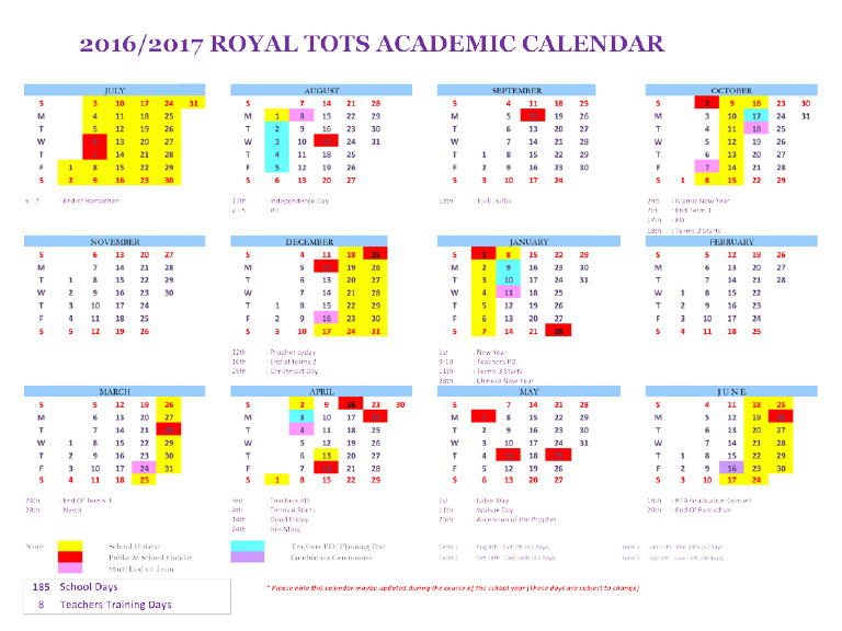 RTA - School Calendar 2016 - 2017 | PDF