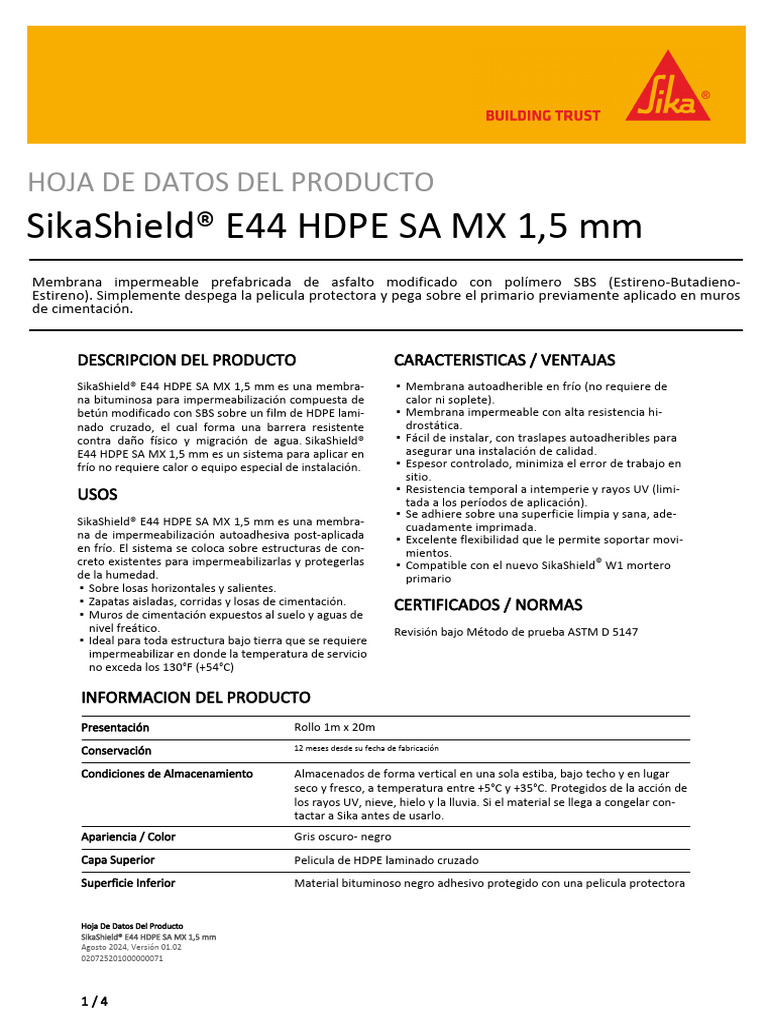 sikashield-e44-hdpesamx15mm | PDF | Hormigón | Agua
