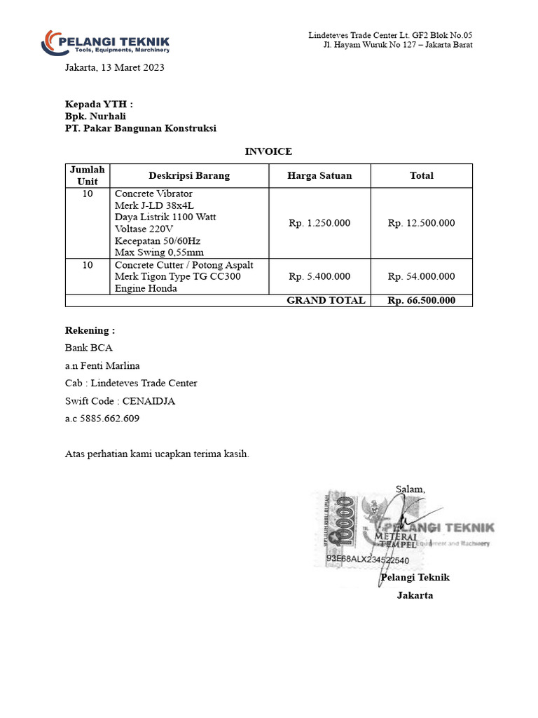 Invoice Pembelian Alat Konstruksi Jakarta | PDF