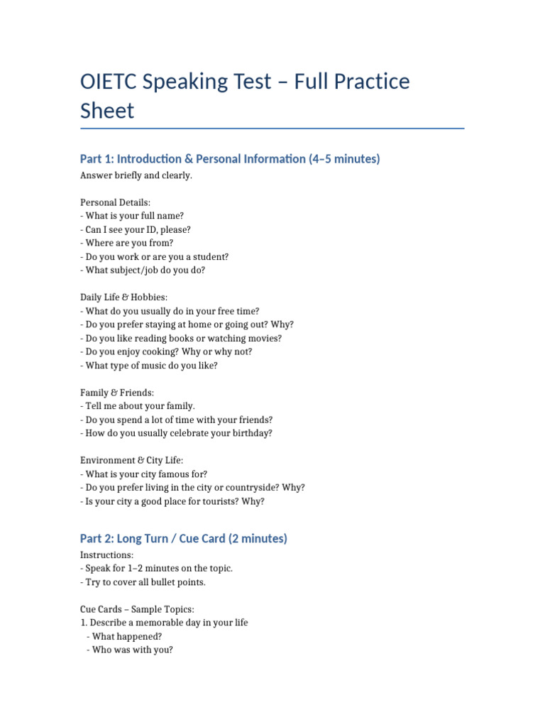 OIETC Speaking Test Practice Guide | PDF | Psychological Concepts ...