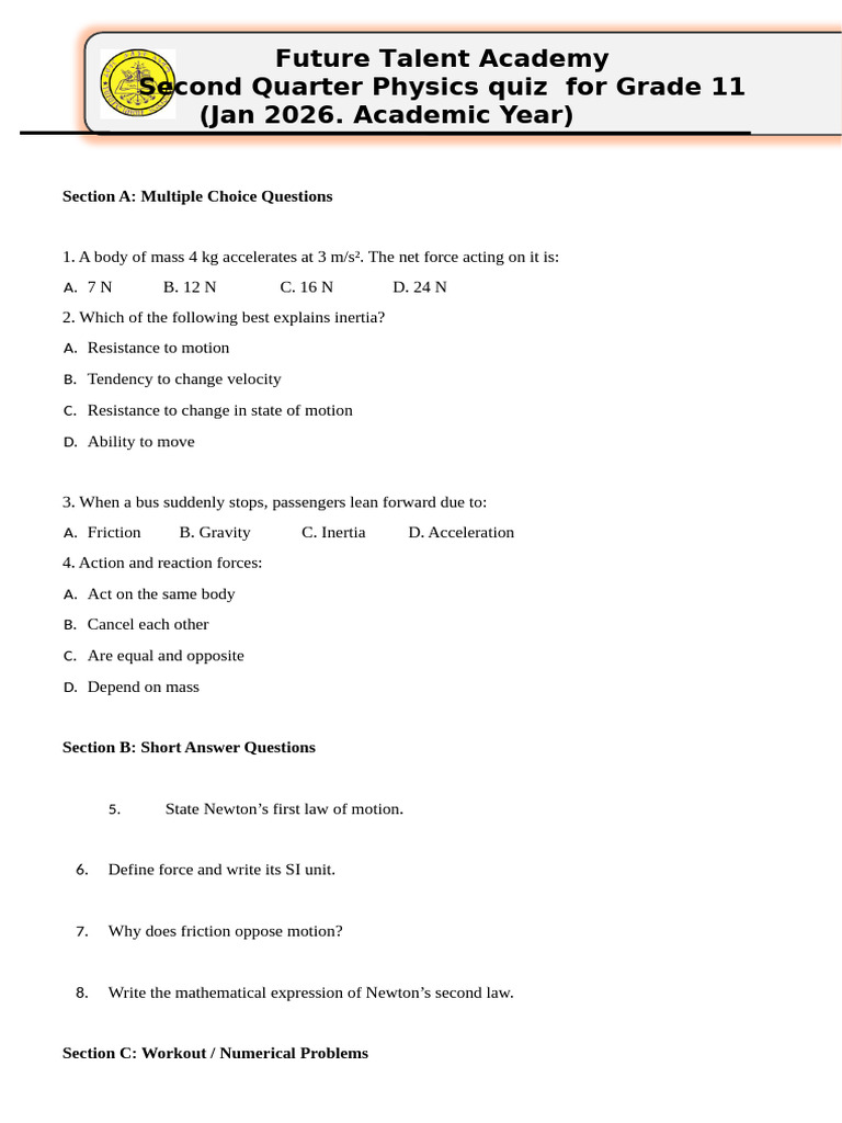 Grade 11 Physics Quiz Q2 2026 | PDF