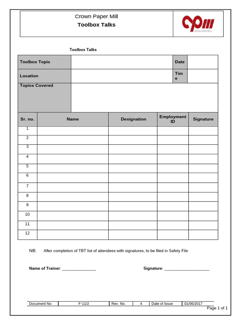 Toolbox Talk Record | PDF