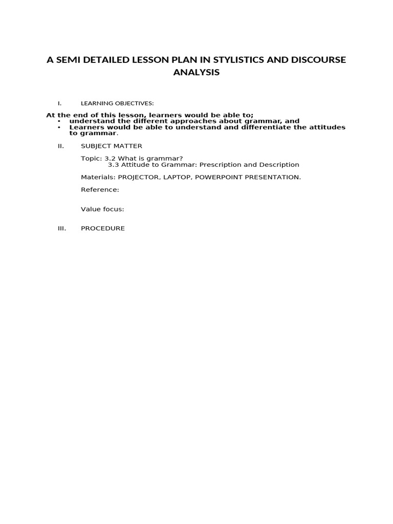 A Semi Detailed Lesson Plan in Stylistics and Discourse Analysis | PDF