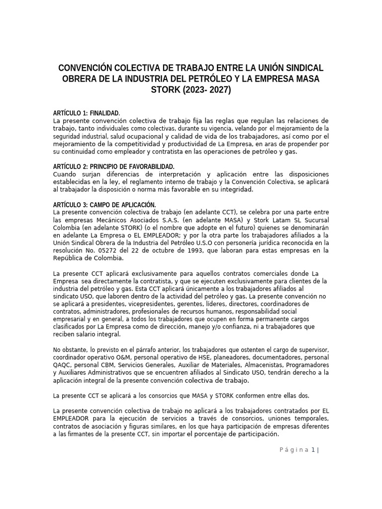 Convención Colectiva USO-MASA-Stork 2023-2027 | PDF | Derecho laboral ...
