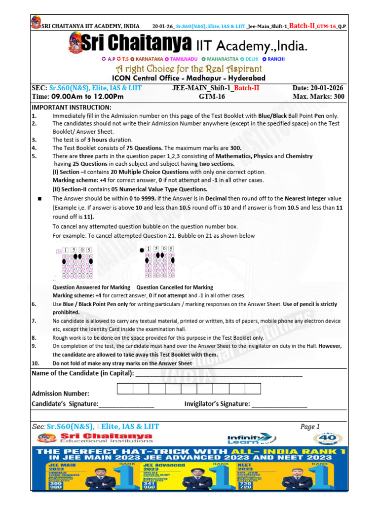 JEE Main 2026 Question Paper - Sri Chaitanya | PDF | Gases | Collision