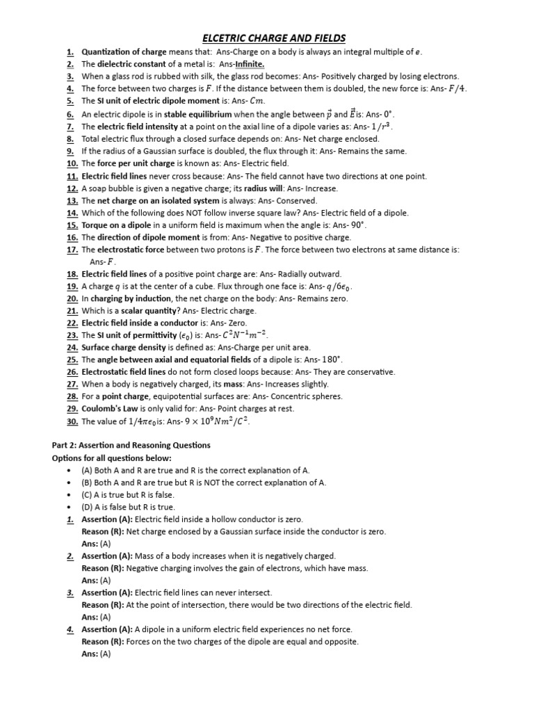 Chapter 1 Handout | PDF | Electric Field | Force