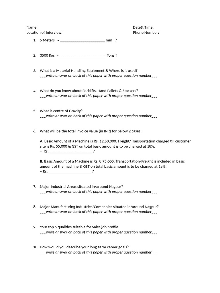 Interview Questionnaire for Industrial Roles | PDF