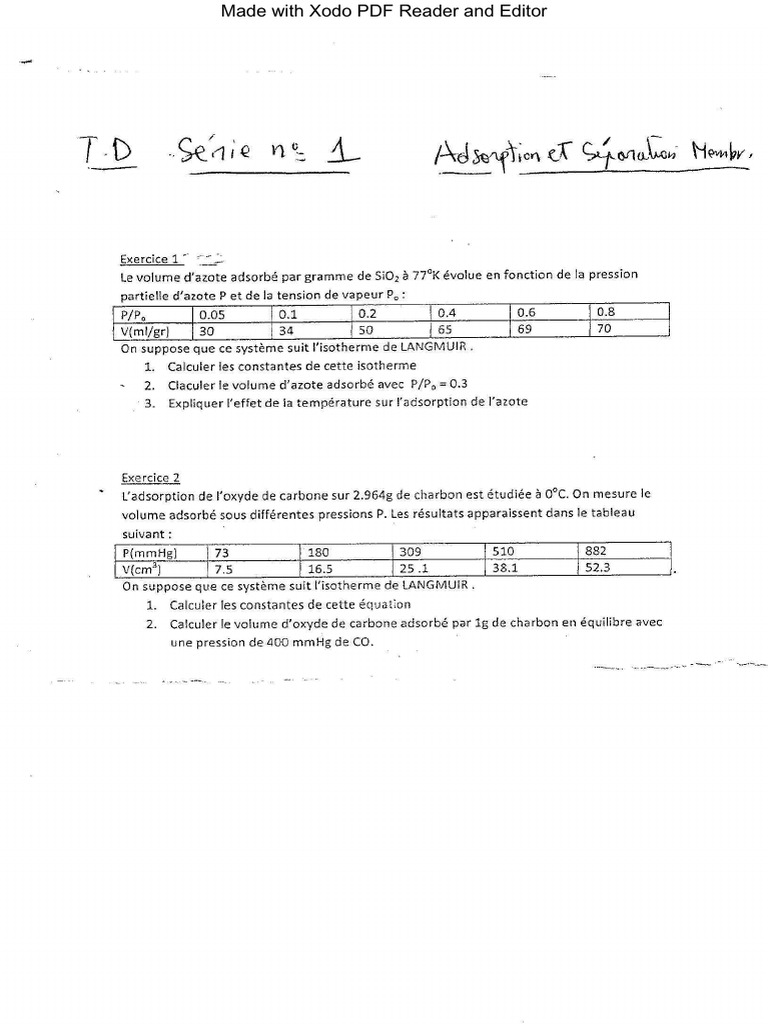 Adsor.separ .Memb .Tds 1 Et 2 Avec Solutions | PDF