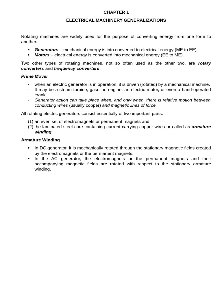 Electrical Machinery Overview: Generators & Motors | PDF