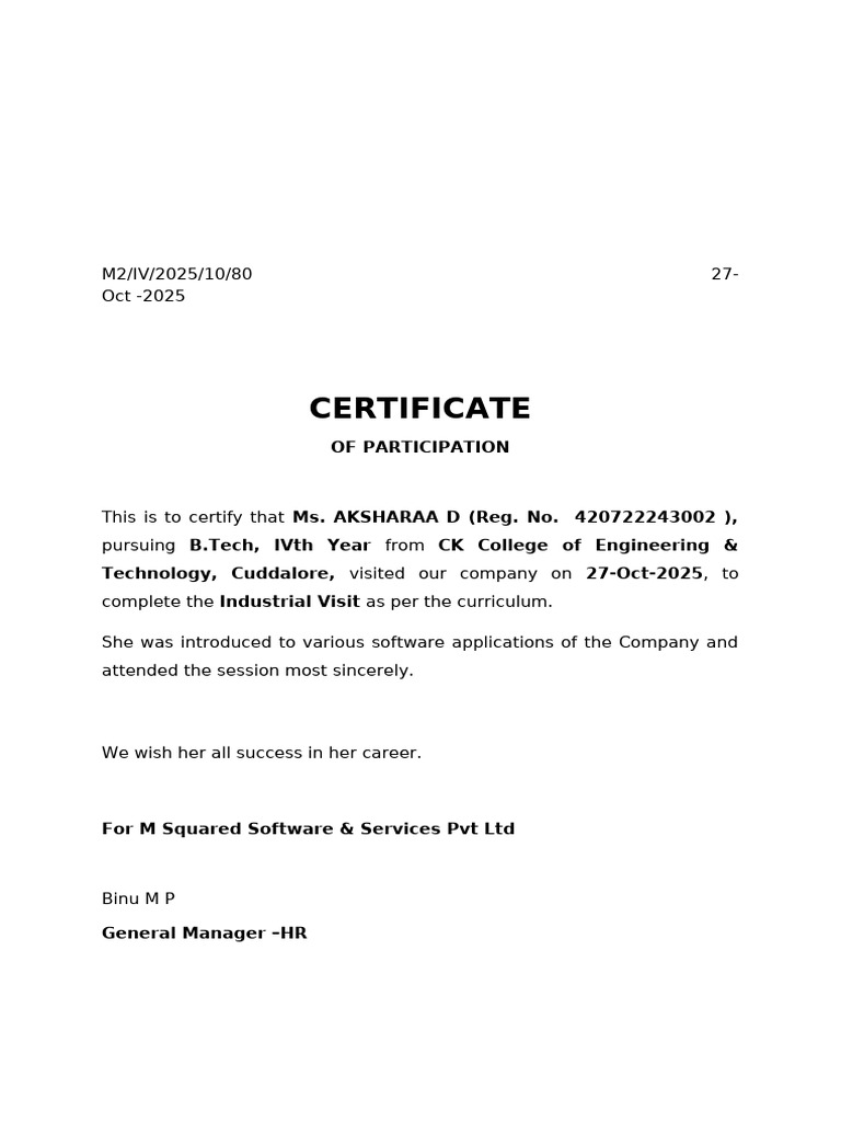 B.Tech Industrial Visit Certificates 2025 | PDF | Software Engineering ...