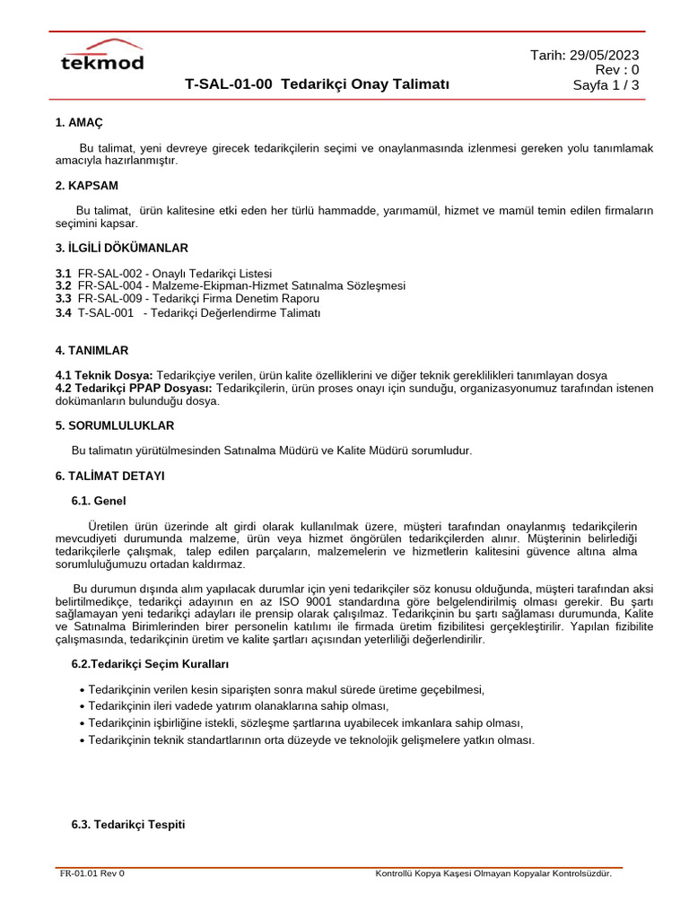 T-SAL-001 - Tedarikçi Onay Talimatı | PDF