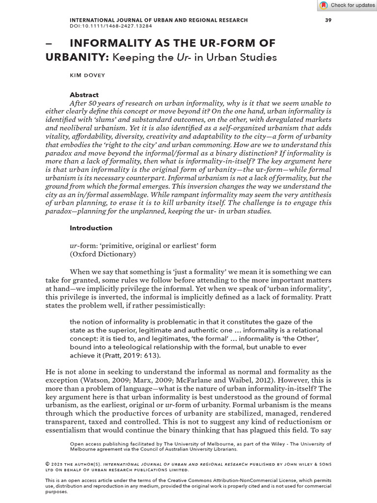 Int J Urban Regional Res - 2025 - Dovey - INFORMALITY AS THE UR‐FORM OF ...