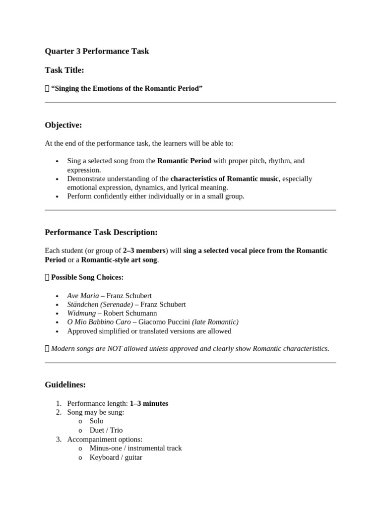 Performance Task | PDF | Songs | Romanticism