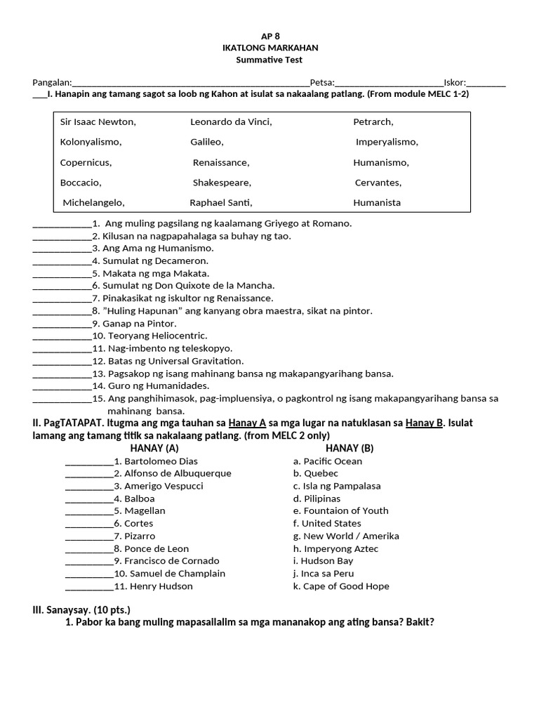 AP 8 Summtive Test, Ikatlong Markahan | PDF