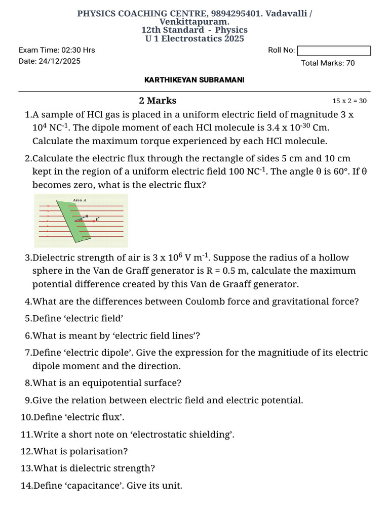 12th Physics Electrostatics Exam Guide | PDF | Electric Field | Capacitance