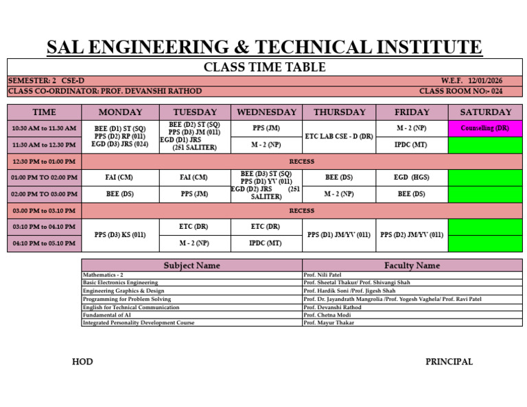 Sem-2_CSE-D_CLASS TIME TABLE | PDF