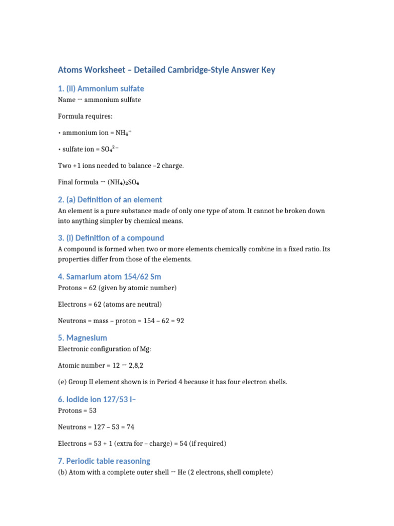 Atoms Worksheet Answer Key Guide | PDF | Ion | Atoms