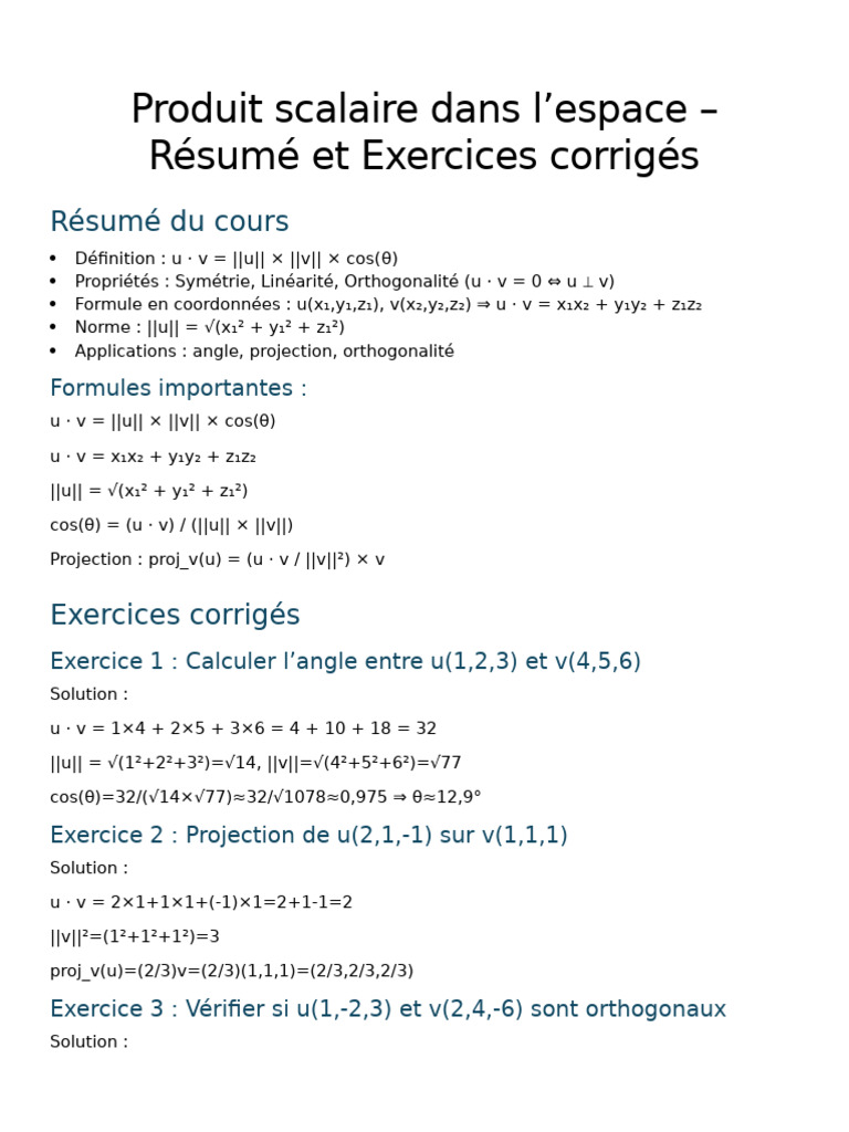 Produit scalaire : définitions et exercices | PDF